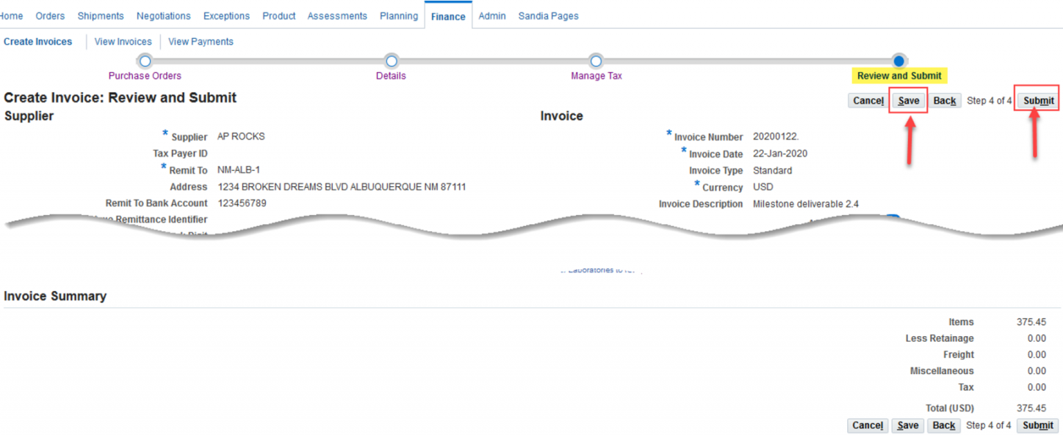 E-Invoice – Working with Sandia