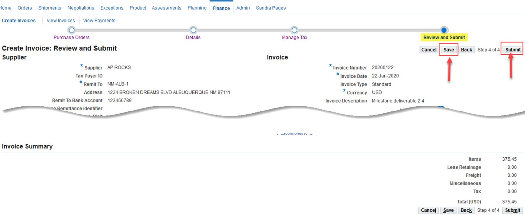 E-Invoice – Working with Sandia