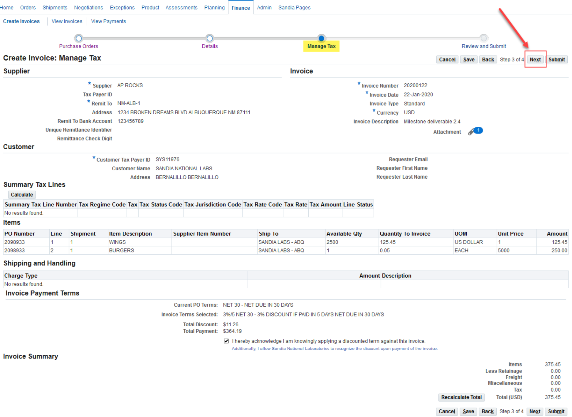 E-Invoice – Working with Sandia